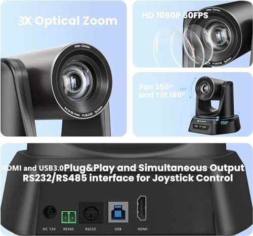 TONGVEO Conference Room HDMI 60fps USB3.0 Camera System with Bluetooth Microphone and Speaker | 3X Optical Zoom 1080P PTZ Video Camera Kit |with Speakerphone | for Church Home Office(UVC1.1)