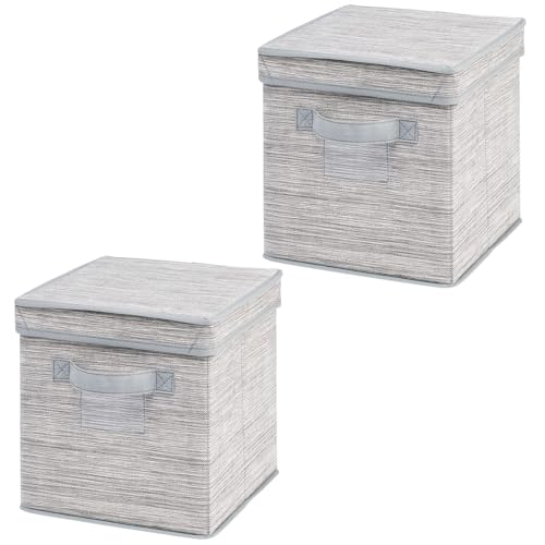 mDesign Square Fabric Christmas Storage Box with Handles - Holiday Decor Storage Bin with Lid and Label Space - Foldable Gift Wrap, Bow Container - Lidded Tote for Kids Room, 2 Pack, Striped Taupe/Tan