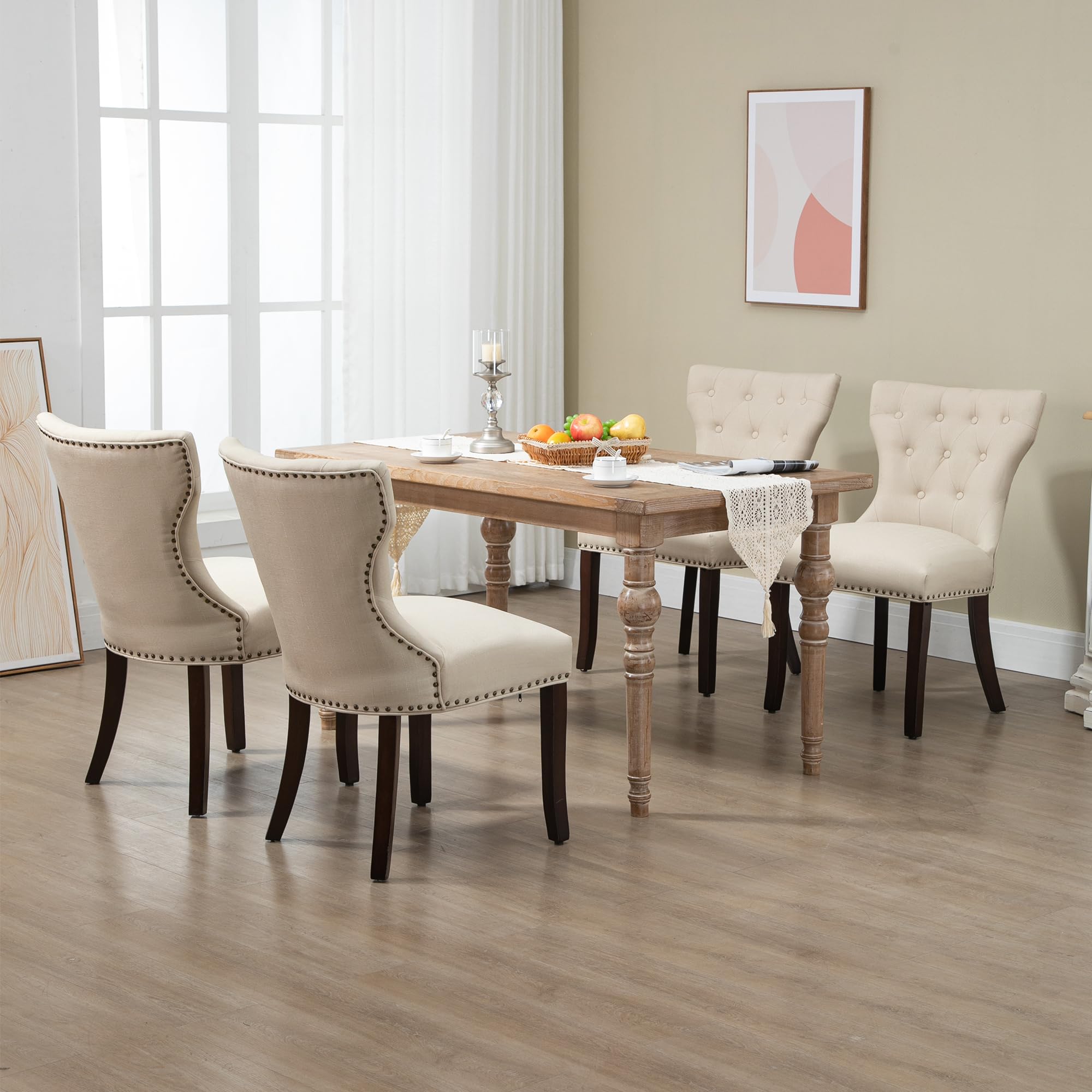 LSSBOUGHT Set of 2 Fabric Dining Chairs Leisure Padded Accent Chairs with Brown Solid Wooden Legs Nailed Trim 300 LBS Weight Capacity, Tan