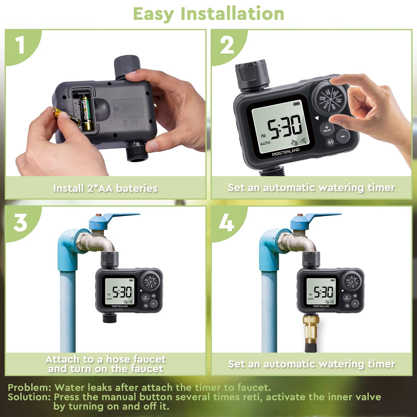 Moistenland Sprinkler Timer, Water Timer for Garden Hose, Water Hose Timer Outdoor, with Rain Delay/Manual/Automatic Watering System, IP54 Waterproof, 2.6 Inches Large Screen(1 Outlet)