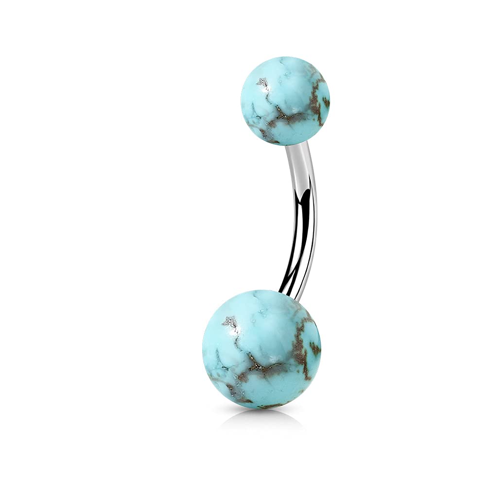 Pierced Owl 14GA Natural Stone Ends with Threaded Steel Inserts 316L Surgical Stainless Steel Barbell Navel Belly Button Ring (Turquoise)