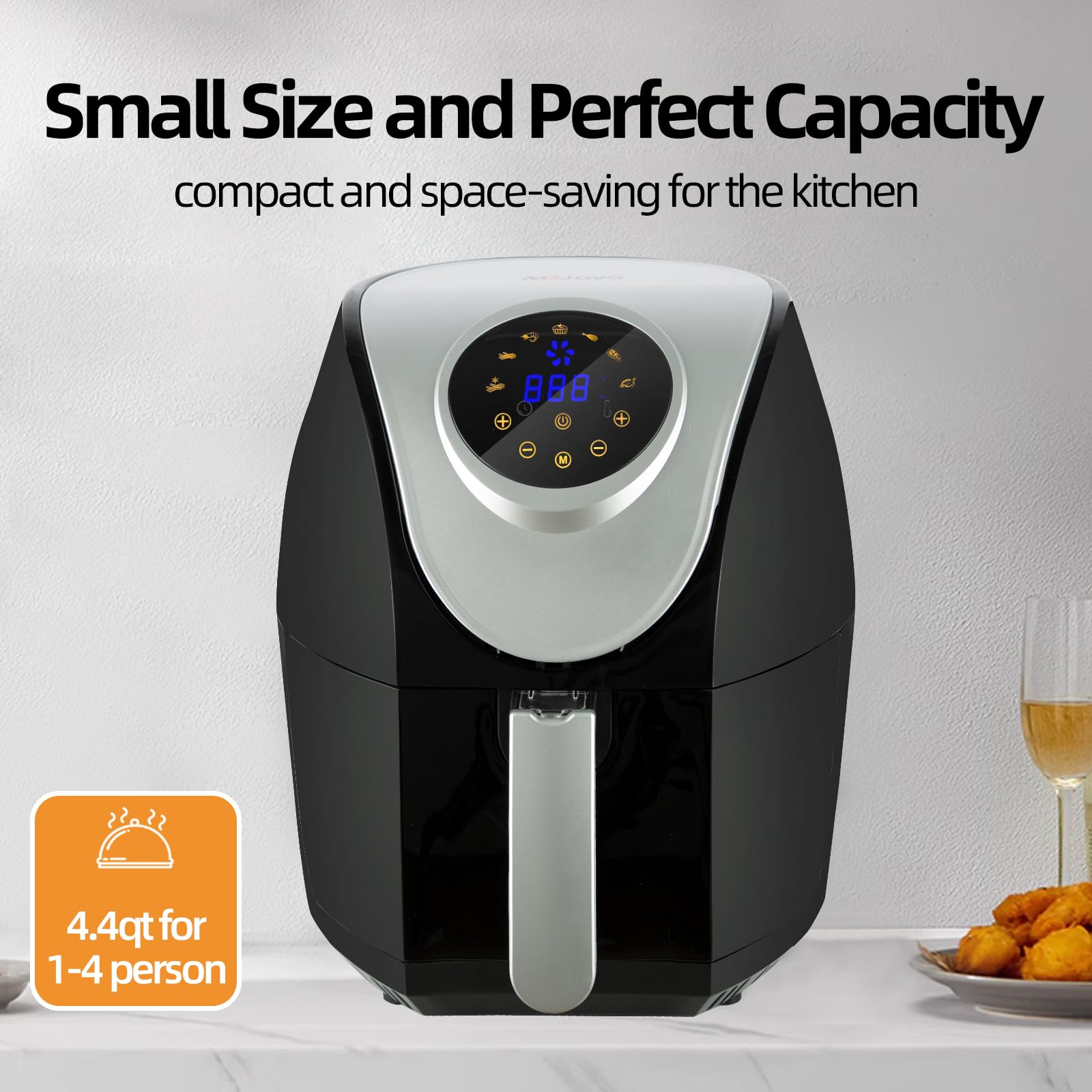 Mdjayo 4.4qt Air Fryer, Compact Oil Free Cooker, Smart Deep Airfryer Oven, 7-In-1 Digital LCD Touch Screen, Double Detachable & Dishwasher Safe Basket, Best Kitchen Accessories, Black