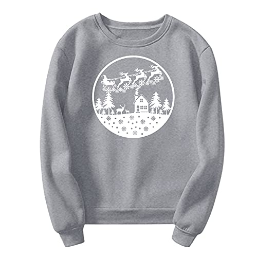 Women Hoodies Pullover Cute Elk Pattern Blouse Long Sleeve Festival Shirts Warm Breathable Tunic Tops Fall Sweatshirt Grey