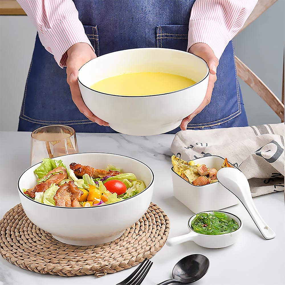 QINLANG 60 Ounces Large Soup Bowl, 8 Inches Pho Bowls, Large Ramen Bowls Set of 3, Off-White Porcelain Big Serving Bowls for Salad and Kitchen