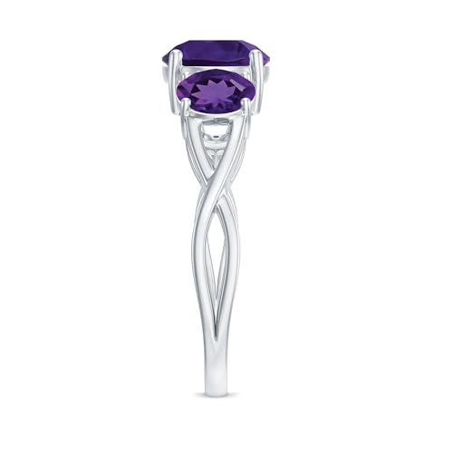 Natural Certified Amethyst 3 Stone Engagement Ring, AAA Quality, Past Present Future Ring - With Jewelry Box, 14K White Gold, Size:US 9.00