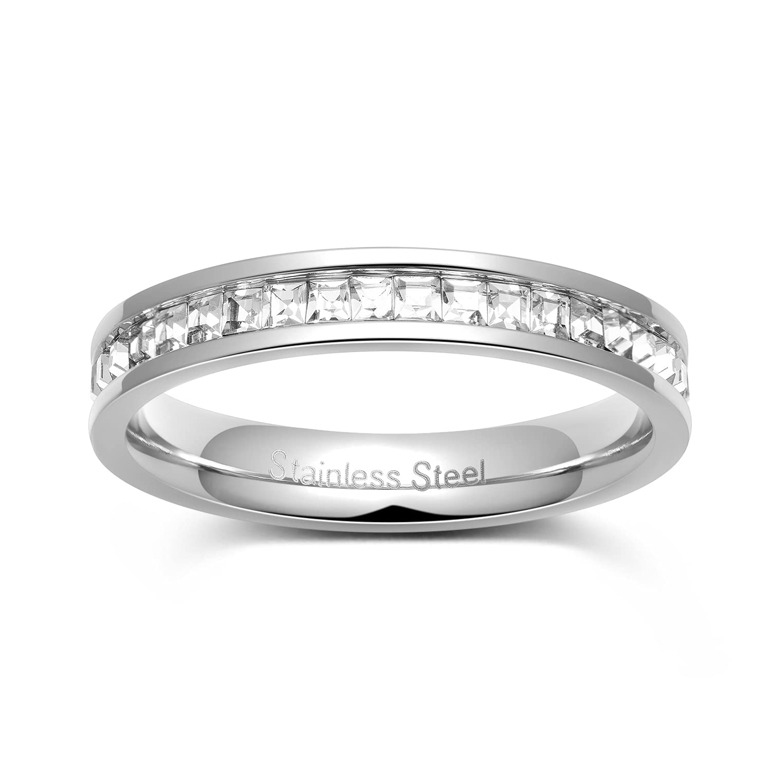 Monkton 4mm Square CZ Simulated Diamond Wedding Band Stainless Steel Eternity Promise Ring for Women Size 4-12,Silver,Size 9
