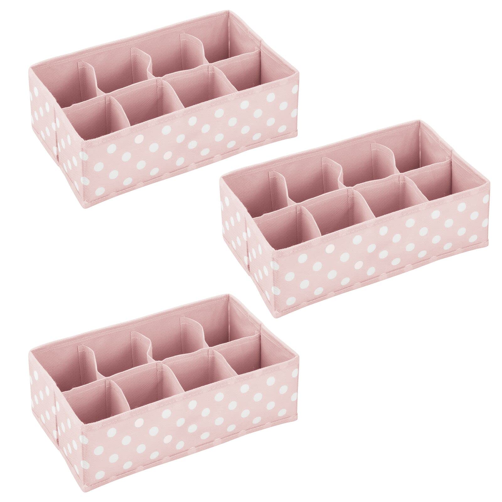 mDesign Fabric 8-Section Divider Drawer Organizer Bin for Baby Nursery Dresser, Closet, Shelf, Changing Table Organization, Hold Clothes, Toys, Diapers, Bib, Blanket - 3 Pack, Pink/White Polka Dot