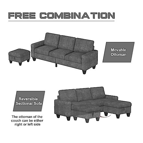 ZeeFu Convertible Sectional Sofa Couch,Grey Snowflake Velvet Modern 3-Seat L-Shaped Upholstered Sofa Couch Set with Storage Reversible Ottoman and Pockets for Living Room Small Space Apartment