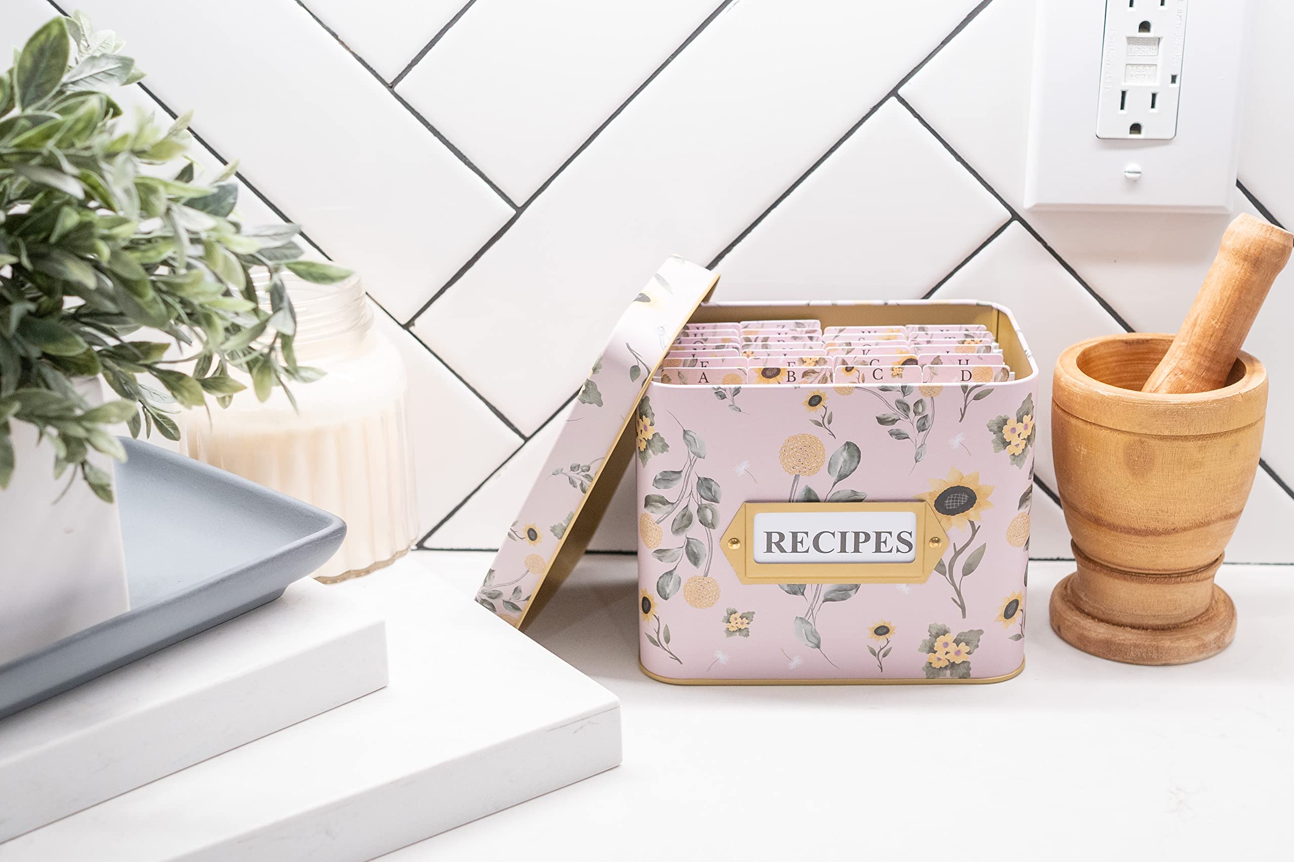 Recipe Box w/ 26 A-Z Dividers - Note Card Holder - Beautiful 4x6 Recipe Card Box - Tin Recipe Organizer w/ 2 Labels Recipes & Notes - Waterproof Index Card Holder for kitchen countertop, office desk