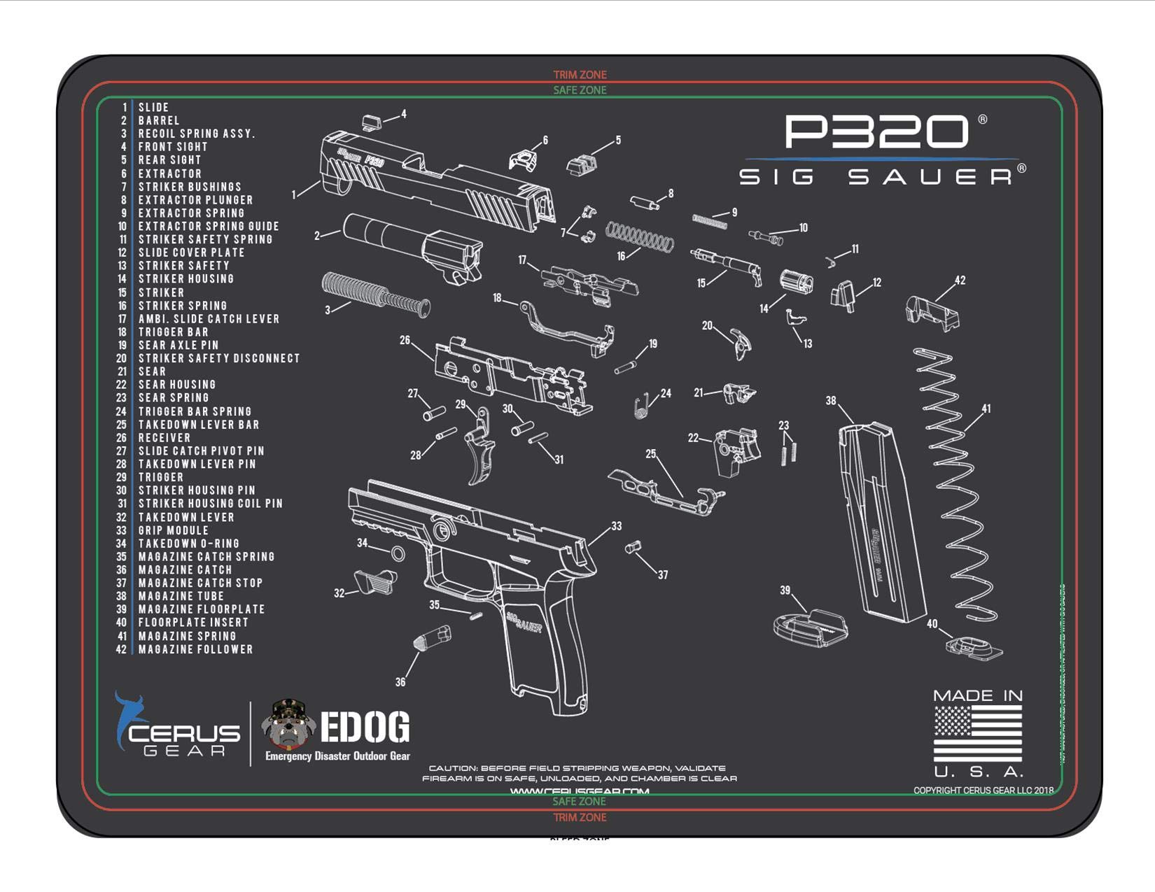 P320 Gunslinger 20 PC Gun Cleaning Kit - Pistol Mat Compatible for Sig Sauer P320 Pistols- Schematic (Exploded View) Pistol ProMat Gunslinger Universal .22 .38 .357 9mm .40 & .45 Caliber Kit