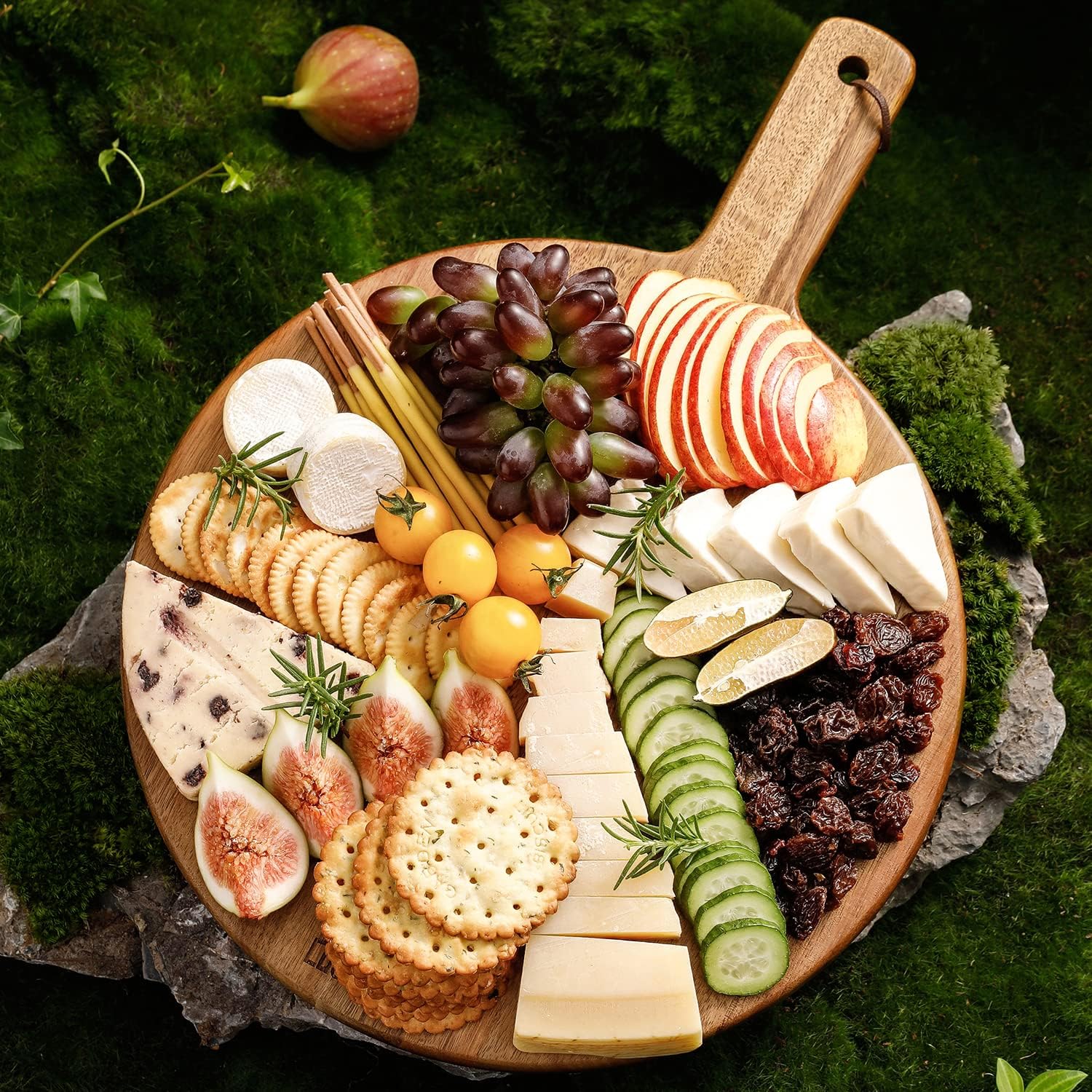 Luomal Round Wood Cutting Board with Handle, 12" Acacia Wooden Serving Board for Kitchen, Cheese Charcuterie Board for Meat, Bread, Pizza, Vegetables & Fruits (Gift Box Included)