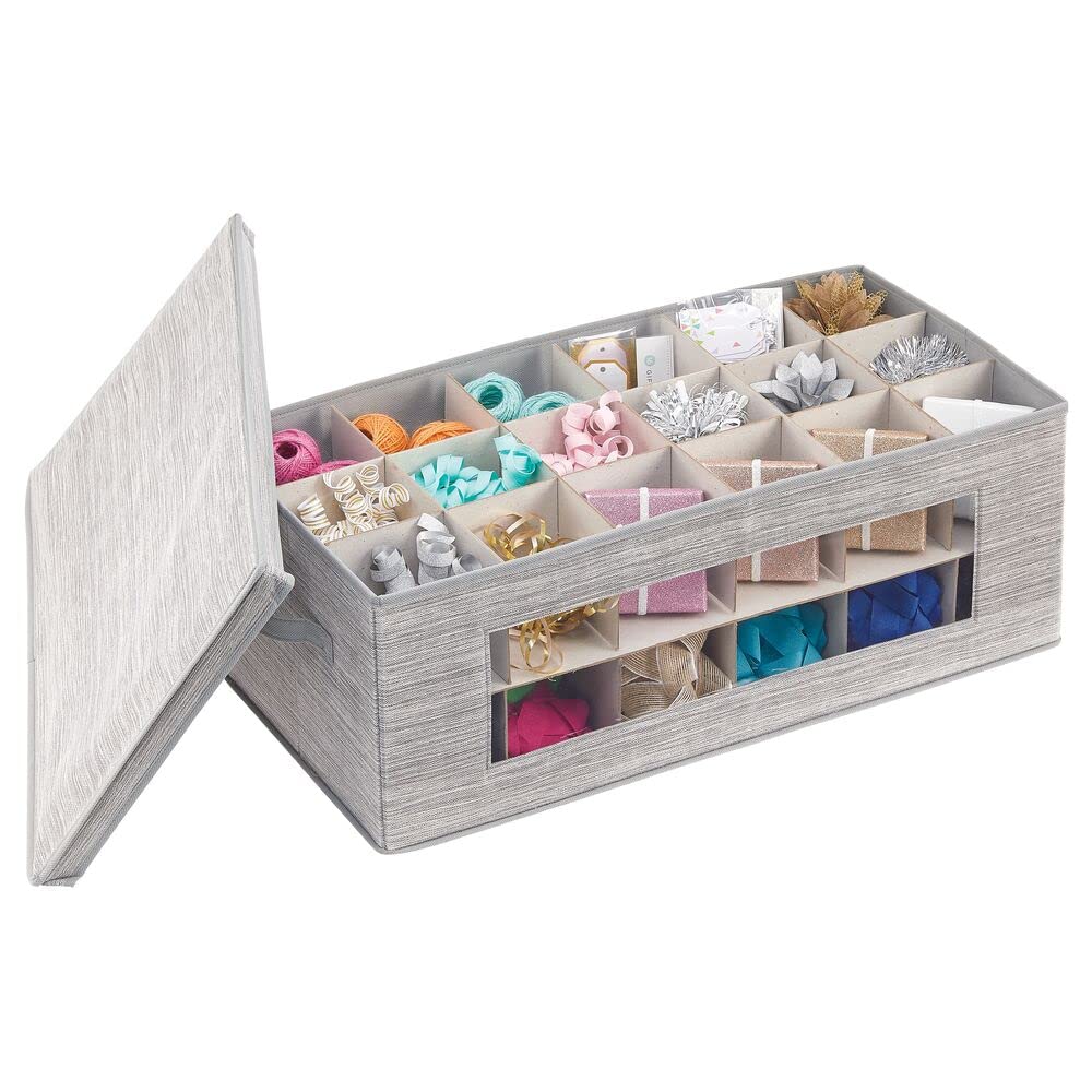 mDesign Large Fabric Storage Box with Lid, Dividers, Front Window - Stackable Storage Organization Containers for Holiday Decorations, Ornament, Wrapping Paper, Lights, Taupe Stripe