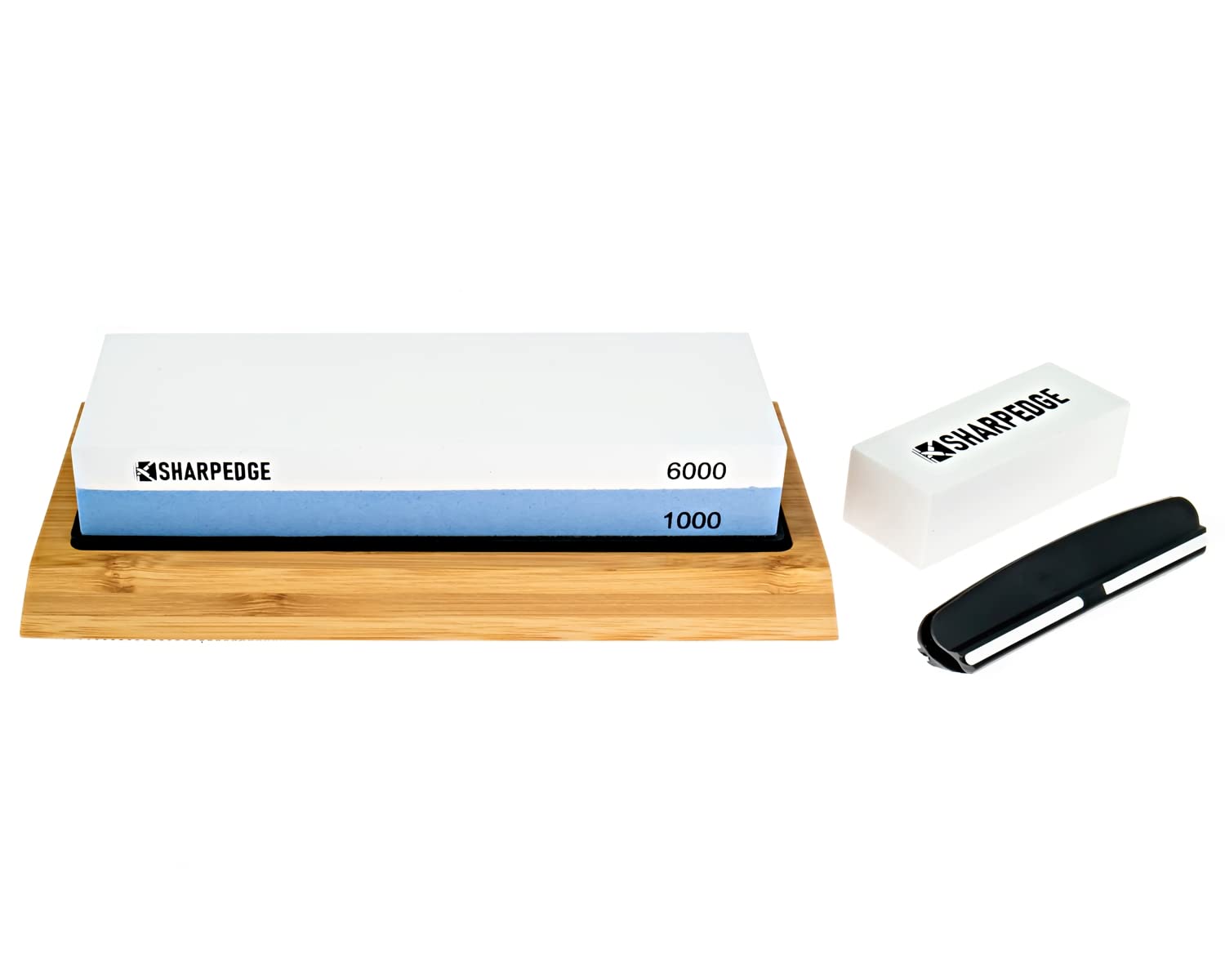 SharpEdge Premium Whetstone Knife Sharpening Stone Two Side Grit 1000/6000 Waterstone Knife Sharpener Non Slip Bamboo Base & Angle Guide