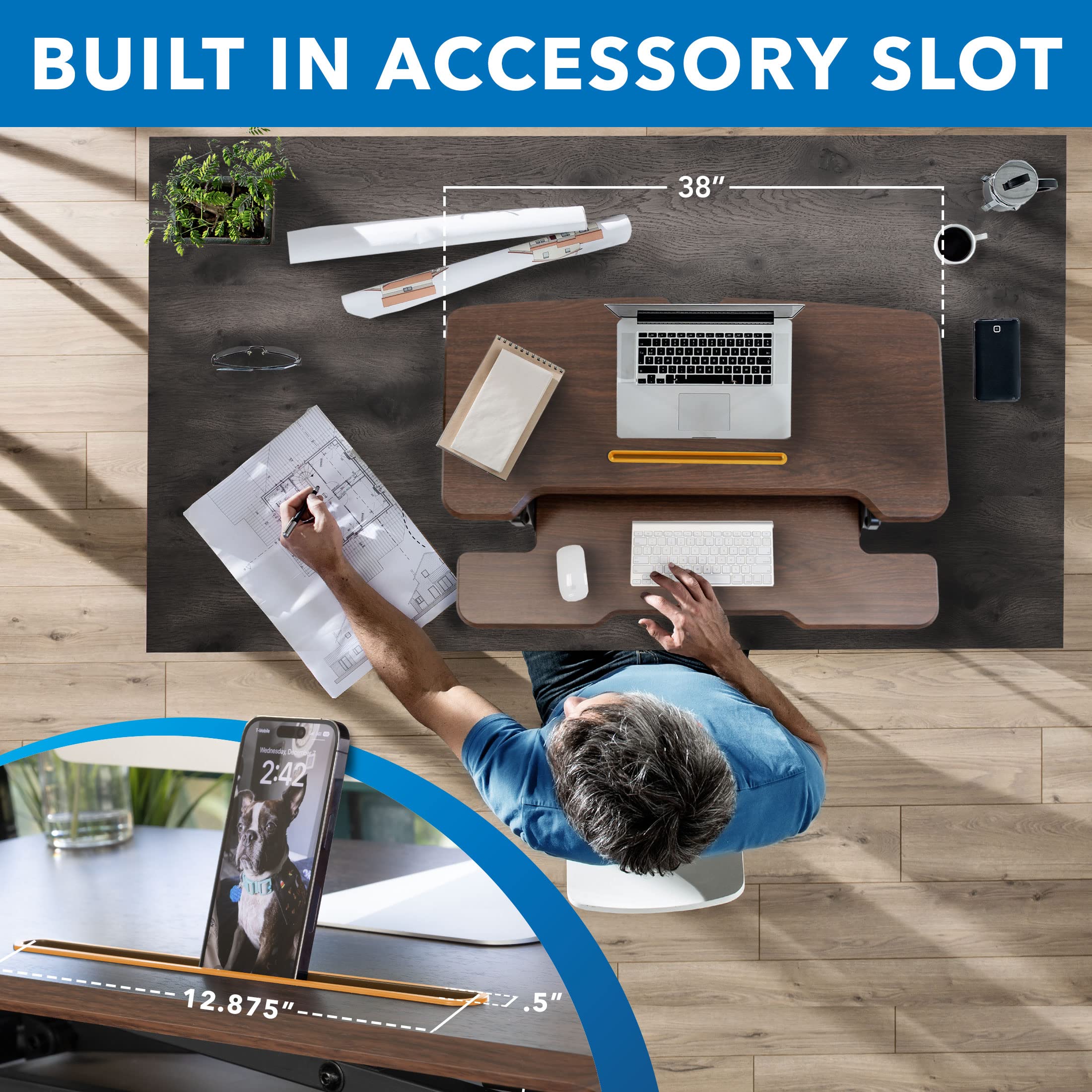 Mount-It! Height Adjustable Desk Converter, 38β Wide Tabletop Standing Desk Riser with Gas Spring Desktop Standing Desk with Keyboard Tray Fits Two Monitors, Dark Walnut