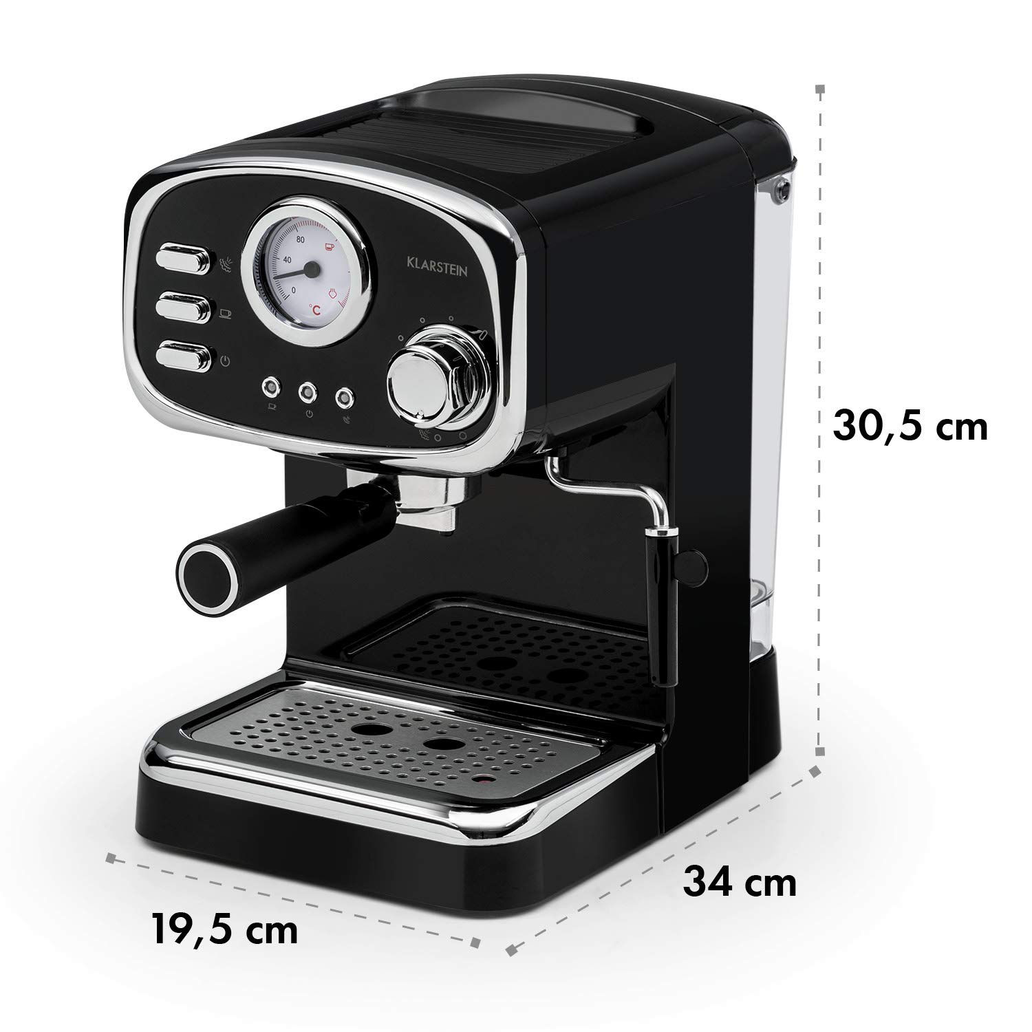 KLARSTEIN Espressionata Gusto - Espresso Maker, 20 Bar Pump Pressure, 1100 Watts, Makes 6 cups (0.3 gallon), Removable Stainless-Steel Drip Grid, Dishwasher-Safe Drip Tray, Retro Look, Black