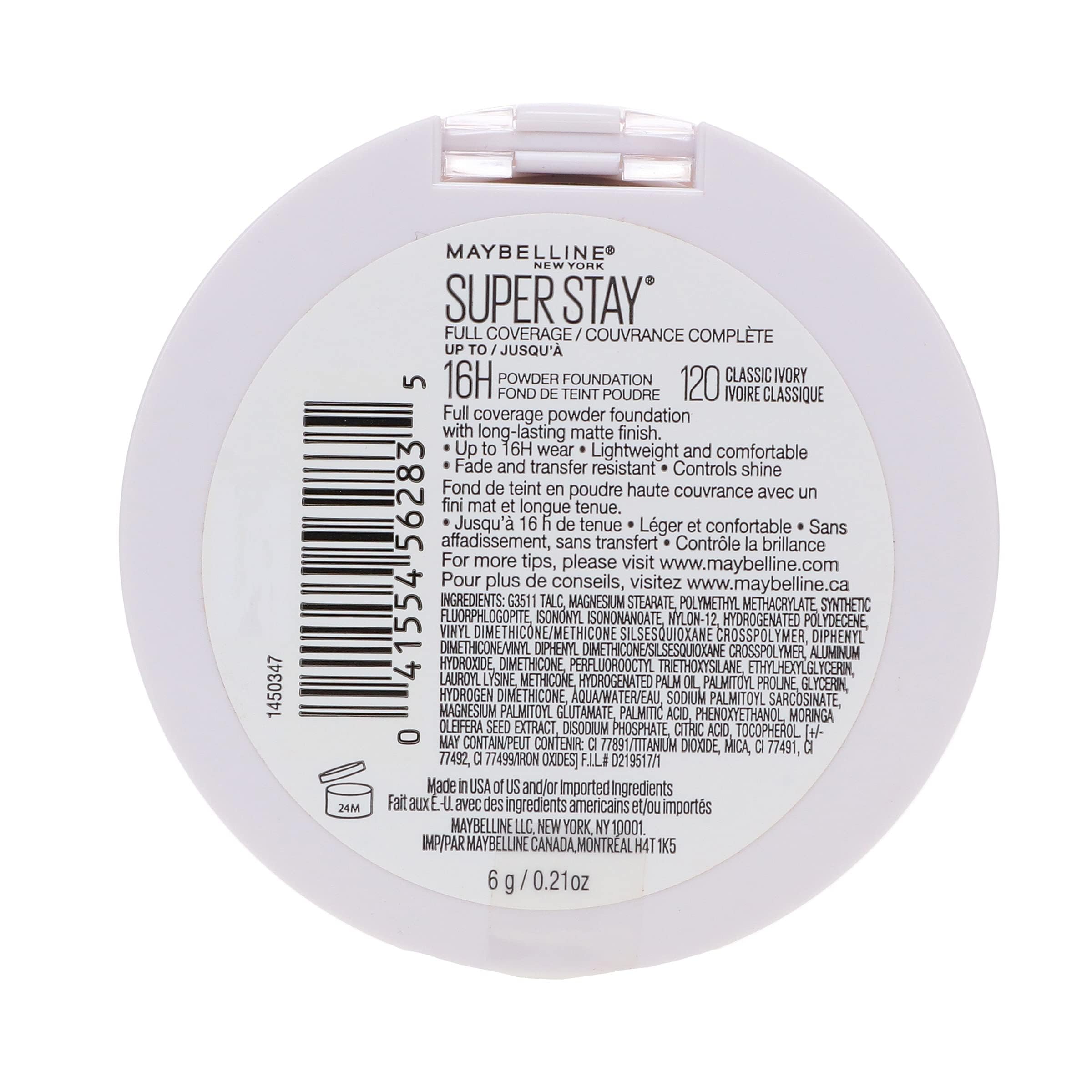 Maybelline New York Super Stay Full Coverage Powder Foundation Makeup, Up to 16 Hour Wear, Soft, Creamy Matte Foundation, Classic Ivory, 1 Count
