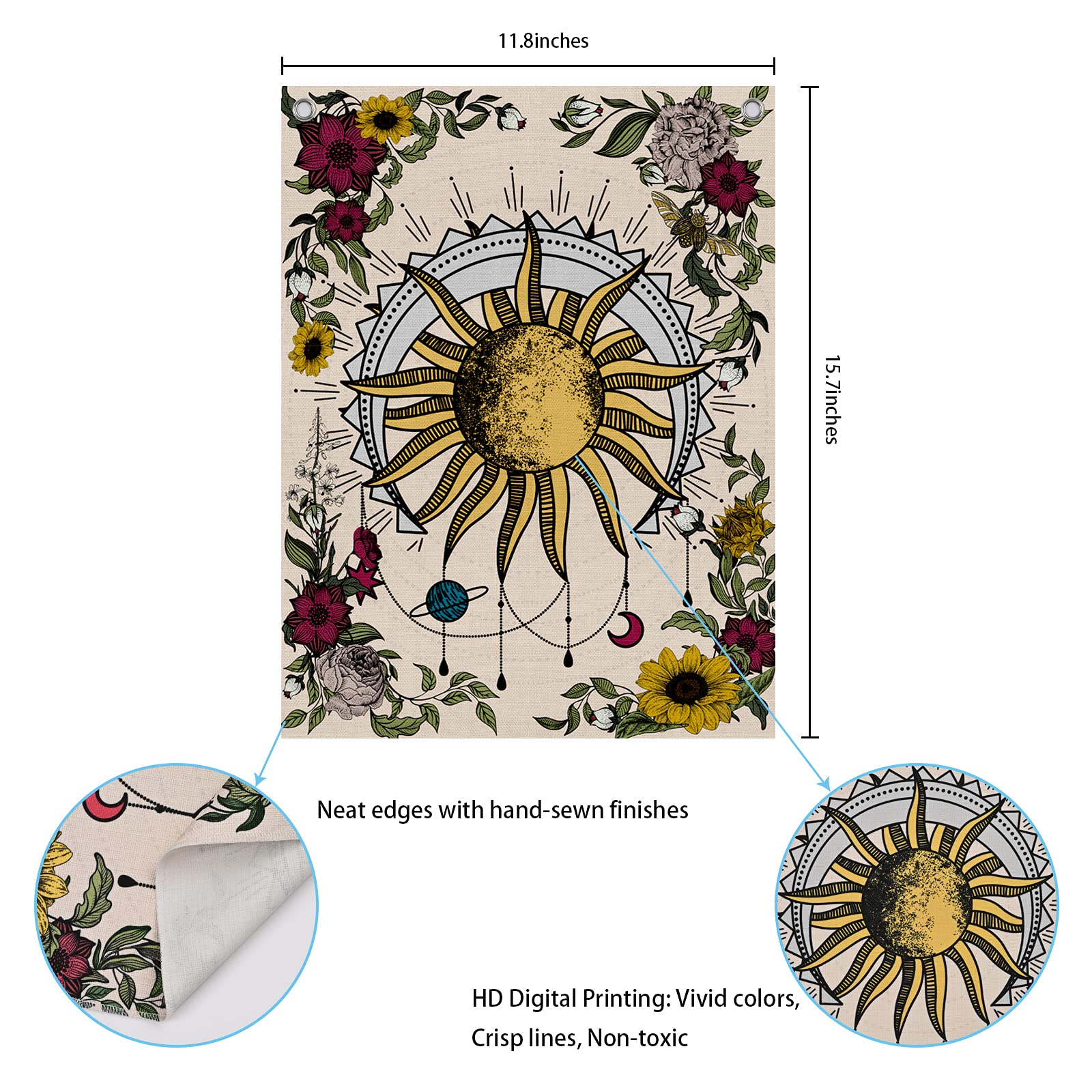 Pack of 3 Tarot Tapestry Tarot Card Tapestry The Sun The Moon The Star Tapestry Floral Plants Tapestry Moon Phase Tapestry with Rustproof Grommets, Seamless Nails