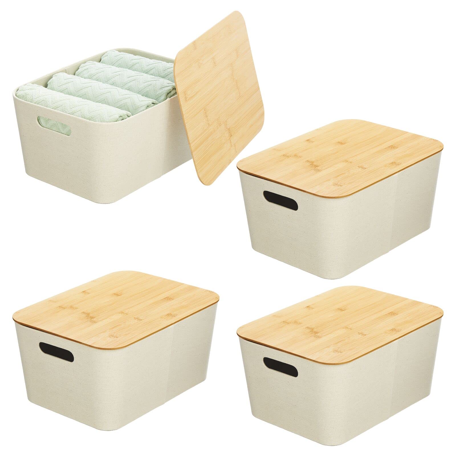 mDesign Modern Fabric Covered Basket with Lid, Stacking Decorative Storage Bin Box with Bamboo Cover for Closet, Living Room, Kitchen, Office Shelf, Holders for Clothing/Accessories, 4 Pack, Cream