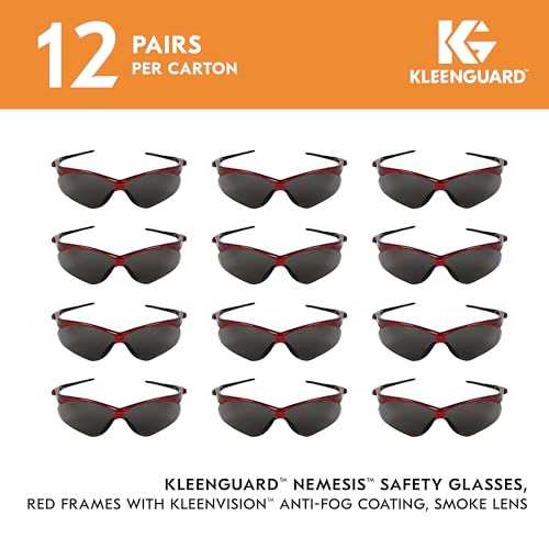 KleenGuard V30 Nemesis Safety Glasses (22611), Smoke Anti-Fog Lens, Red Frame, 12 Pairs / Case
