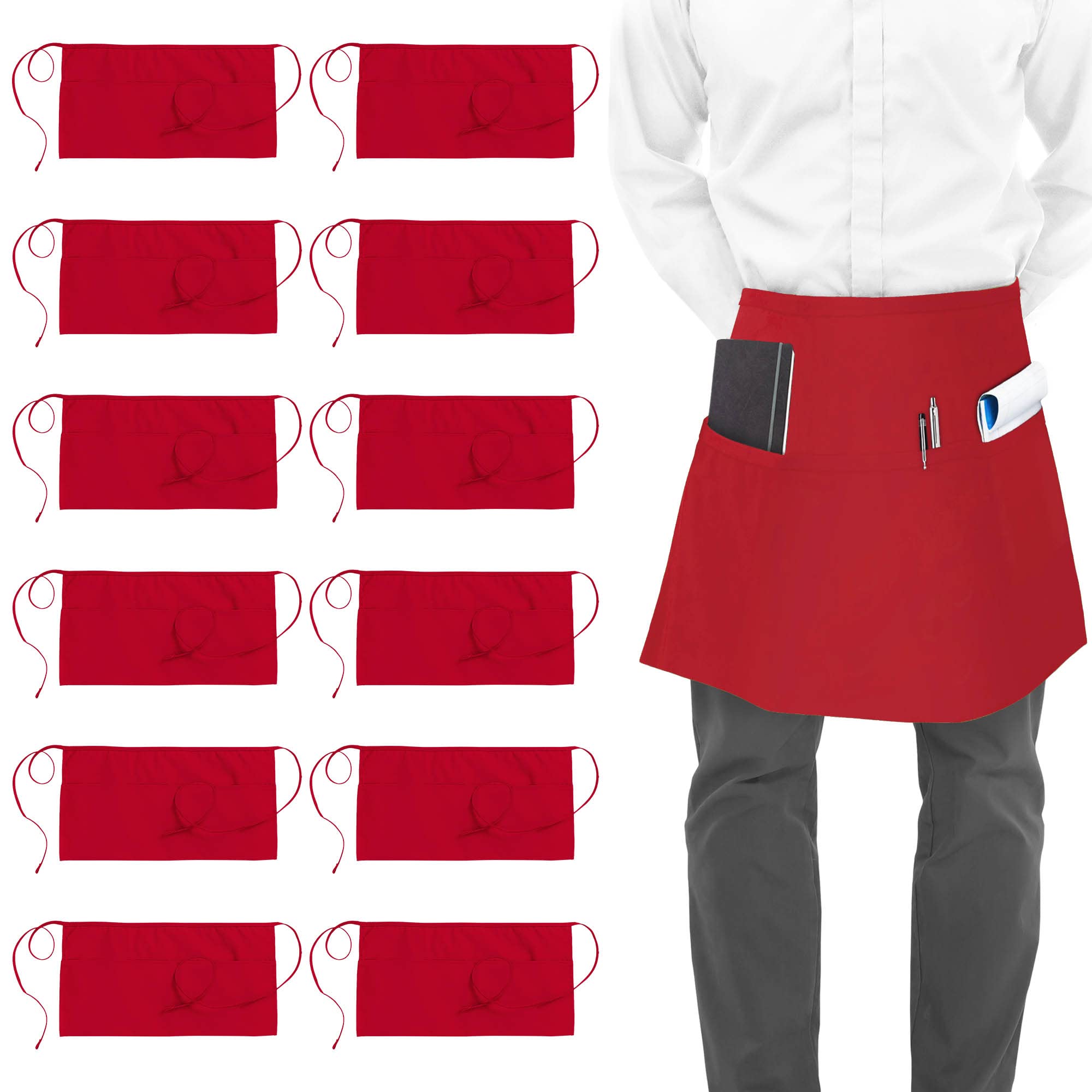 Utopia Wear 3 Pocket Waist Apron [Pack of 12], Server Waitress short for Men Women, Kitchen, Restaurant, Crafting, BBQ Work Server Aprons (Red)
