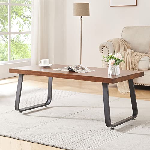 LVB Natural Wood Coffee Table, Solid Wood Center Table for Living Room, Rustic Metal Industrial Real Wooden Cocktail Table, Modern Farmhouse Rectangle Minimalist Vintage Tea Table, Rustic Brown, 47 In