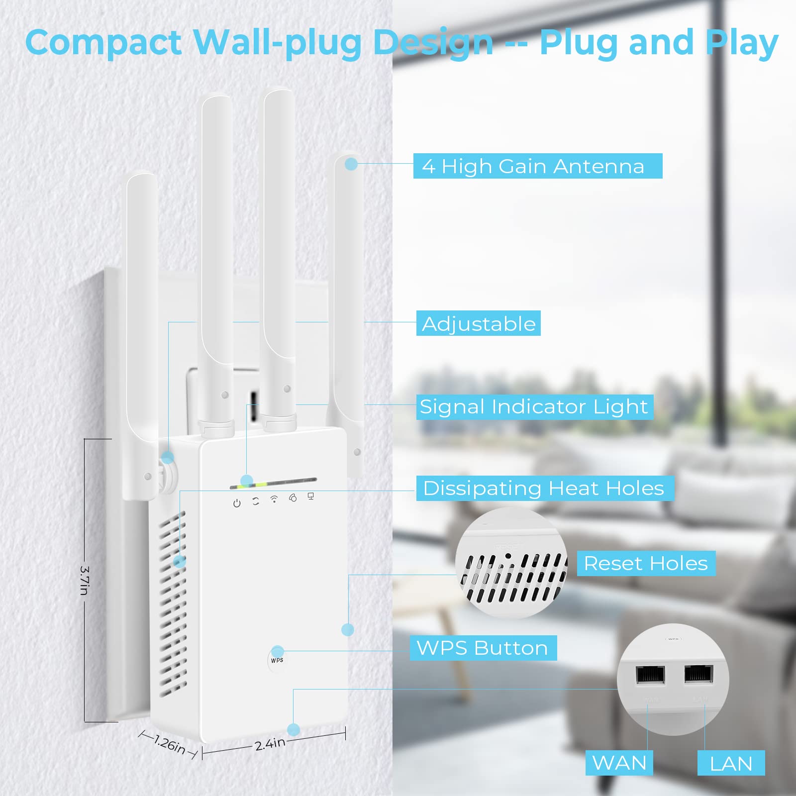 WiFi Range Extender Signal Booster,360 Full Coverage of 7500sq.ft and 45 Devices, Internet Booster for Home, Wireless Internet Repeater and Signal Amplifier, 5 Modes,1-Tap Setup