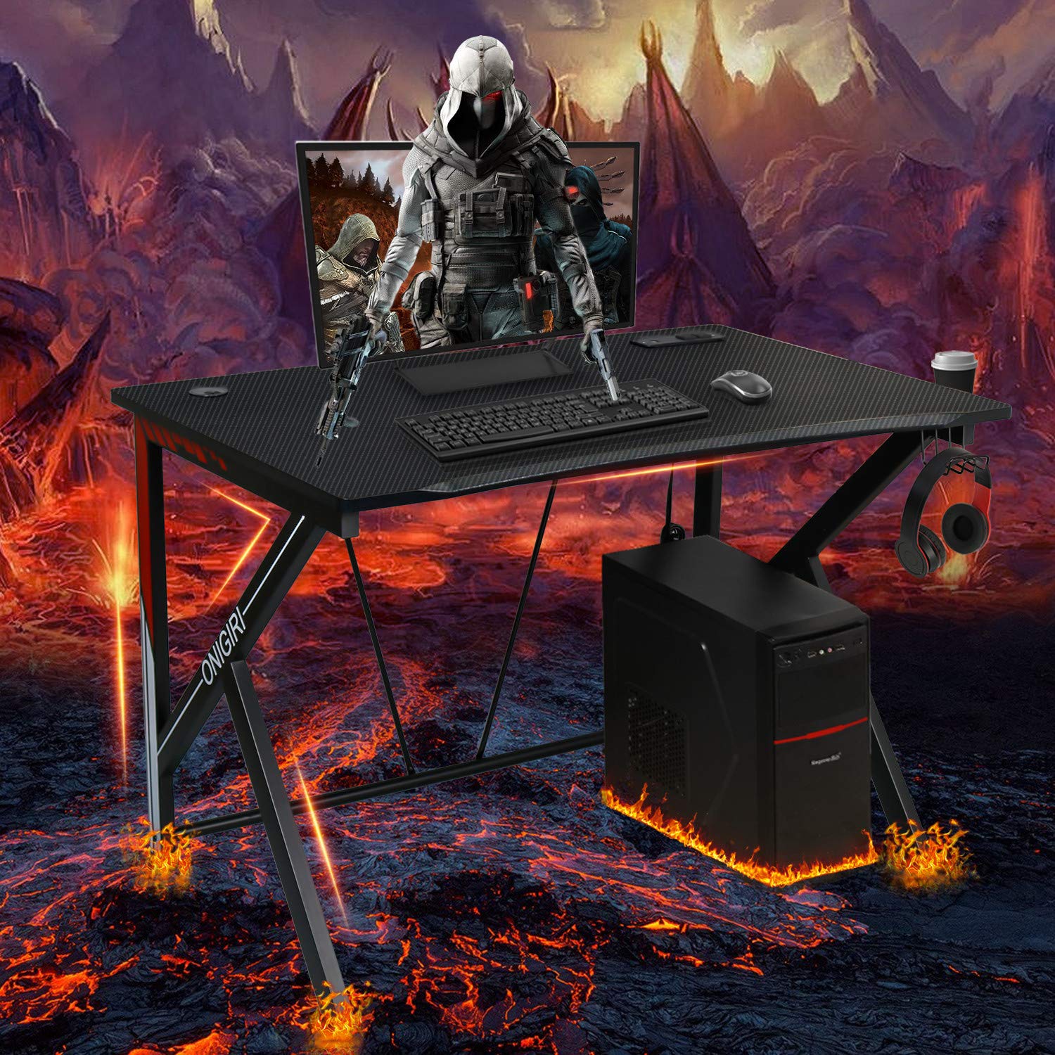 LYNSLIM Gaming Desk Computer Table 45.66" Large E-Sports Home Computer Desk with Multi-Function Socket Large Carbon Fiber Surface,Heavy Duty Construction for Home or Office Workstation Game Table