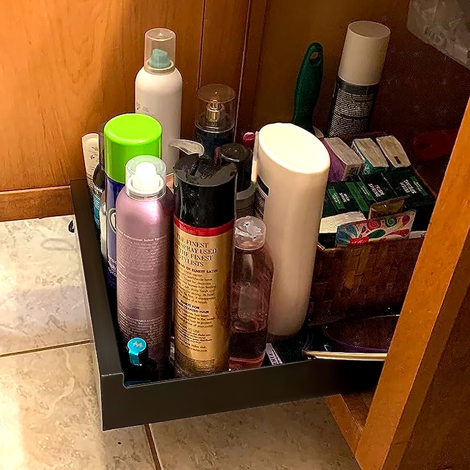 Medach Pull Out Cabinet Organizer,16.9" Lx15.8 Wx3.1 H (1 Pcs) Slide Out Pantry Shelves Fixed with Adhesive,Heavy Duty Organization and Storage Drawers,Sliding Drawer Pantry Shelf for Organizers