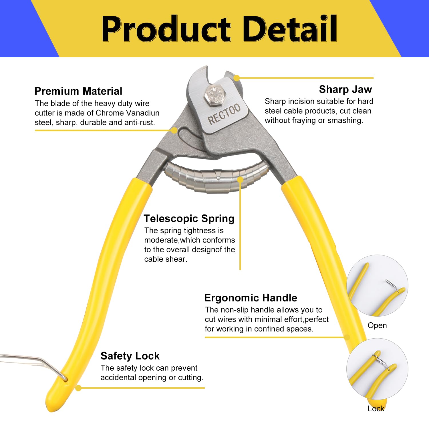 RECTOO Cable Wire Cutters (RT02), Forged from Heavy Duty Stainless Steel metal, 8 Inch small Wire Rope Cutter Tool upto 1/4" for stainless steel wire rope, bike brake cable, railing cable