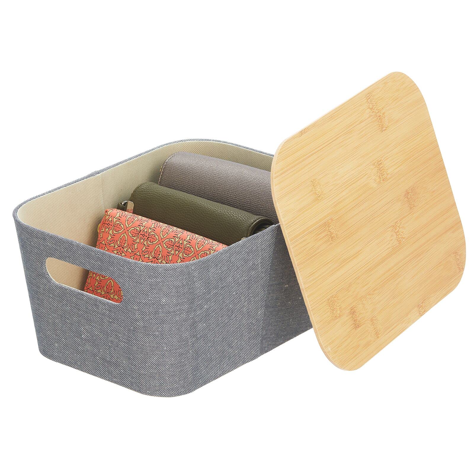 mDesign Modern Fabric Covered Basket with Lid, Stacking Decorative Storage Bin Box with Bamboo Cover for Closet, Living Room, Kitchen, Office Shelf, Holders for Clothing/Accessories, 4 Pack, Navy Blue