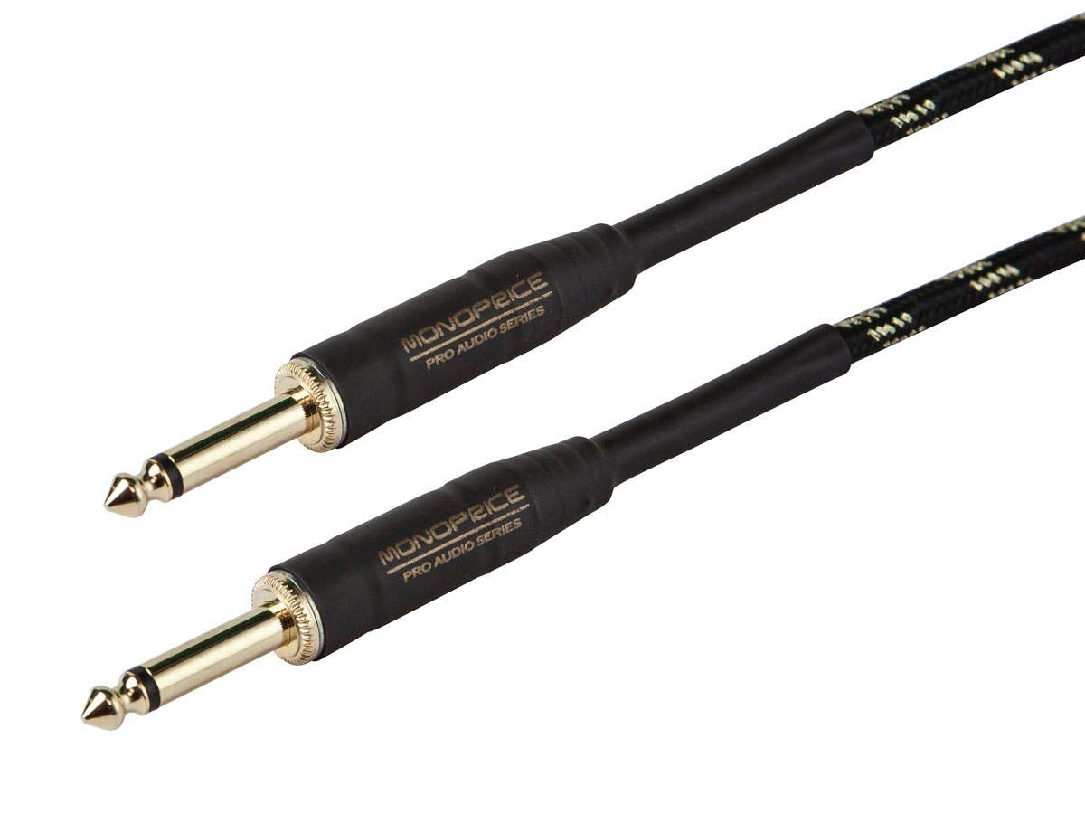 Monoprice 1/4-Inch TS Male to 1/4-Inch TS Male Instrument Cable Cord - 10 Feet - Black, 20AWG, Braided Jacket, Gold Plated - Cloth Series