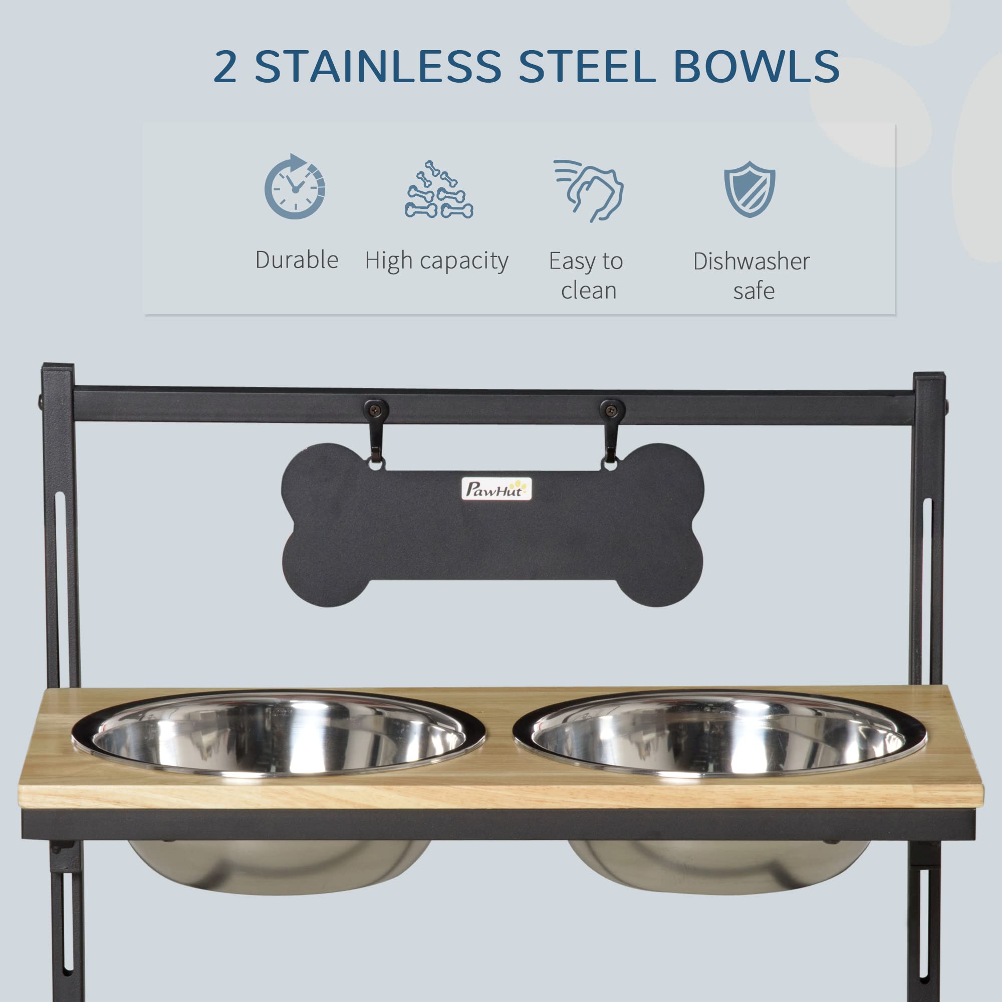 PawHut Elevated Dog Bowls Feeder with Stainless Steel Set, Twin Raised Adjustable Pet Food Platform for Medium, Large Dogs, Natural