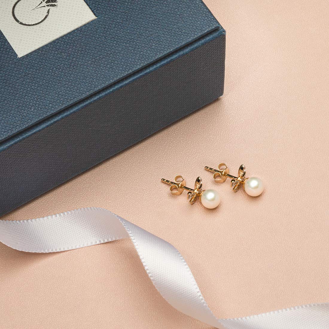 Peora Freshwater Cultured White Pearl Drop Earrings in 14K Yellow Gold, Round Shape, 5mm Pretty Bow Dangle Design, Friction Backs