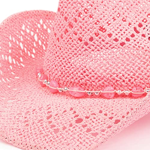 TOVOSO Straw Cowboy Hat for Women with Beaded Trim and Shapeable Brim, T52 Light Pink
