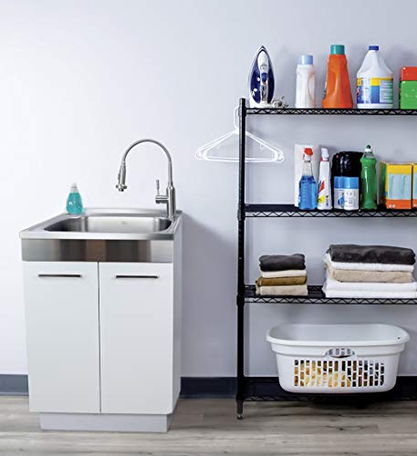Transolid TCAB-2420-WS 24-in Laundry Cabinet Sink, Stainless Steel High Arc Faucet, and Basket, White