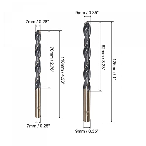 uxcell Drill Bits Set 7mm 9mm, Titanium Nitride Coated High Speed Steel 4341 Straight Round Shank Drilling Cutter for Stainless Steel Alloy Copper, 4pcs