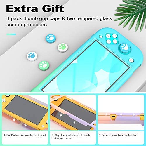 MoKo Protective Case Compatible with Nintendo Switch Lite, PC Protective Case Cover with 4 Thumb Grip Caps & 2 HD-Clear Tempered Glass Screen Protectors, Anti-Scratch Non-Slip Case, Blue + Green