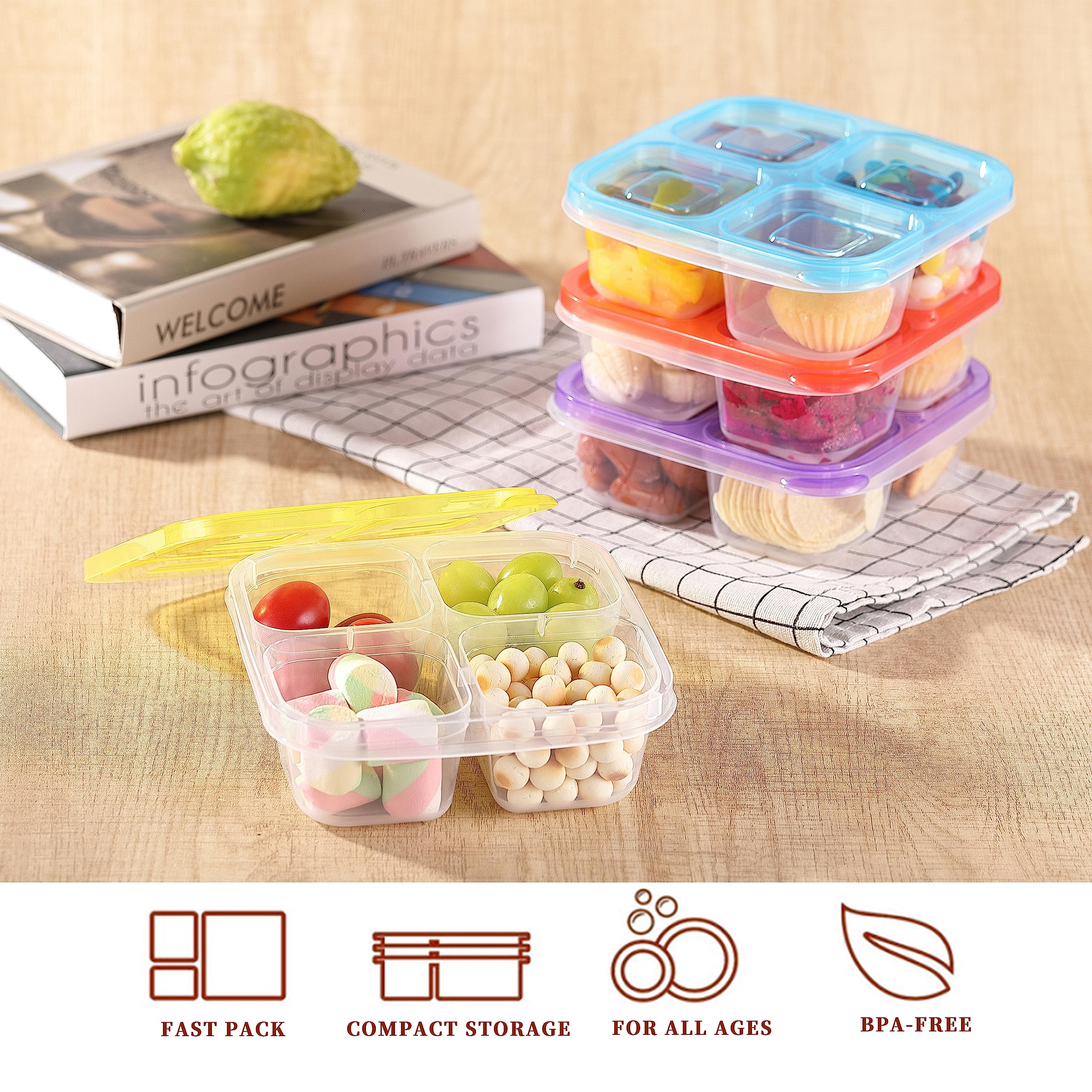 MONGSEW 4PCS Bento Snack Boxes, Snack Containers for Toddlers & Adults, Reusable 4 Compartment food Snack Containers for Work, School, Travel, Picnics, Microwave and Dishwasher Safe, (4 Colors)