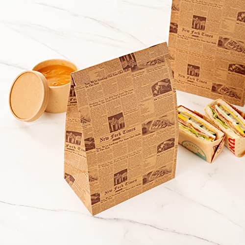 Restaurantware Bag Tek 12 Lb Disposable Lunch Bags 100 Sturdy Take Out Bags - Flat Bottom Microwavable Kraft Newsprint Design Paper Bags Freezable Great For Restaurants Cafes And Bakeries
