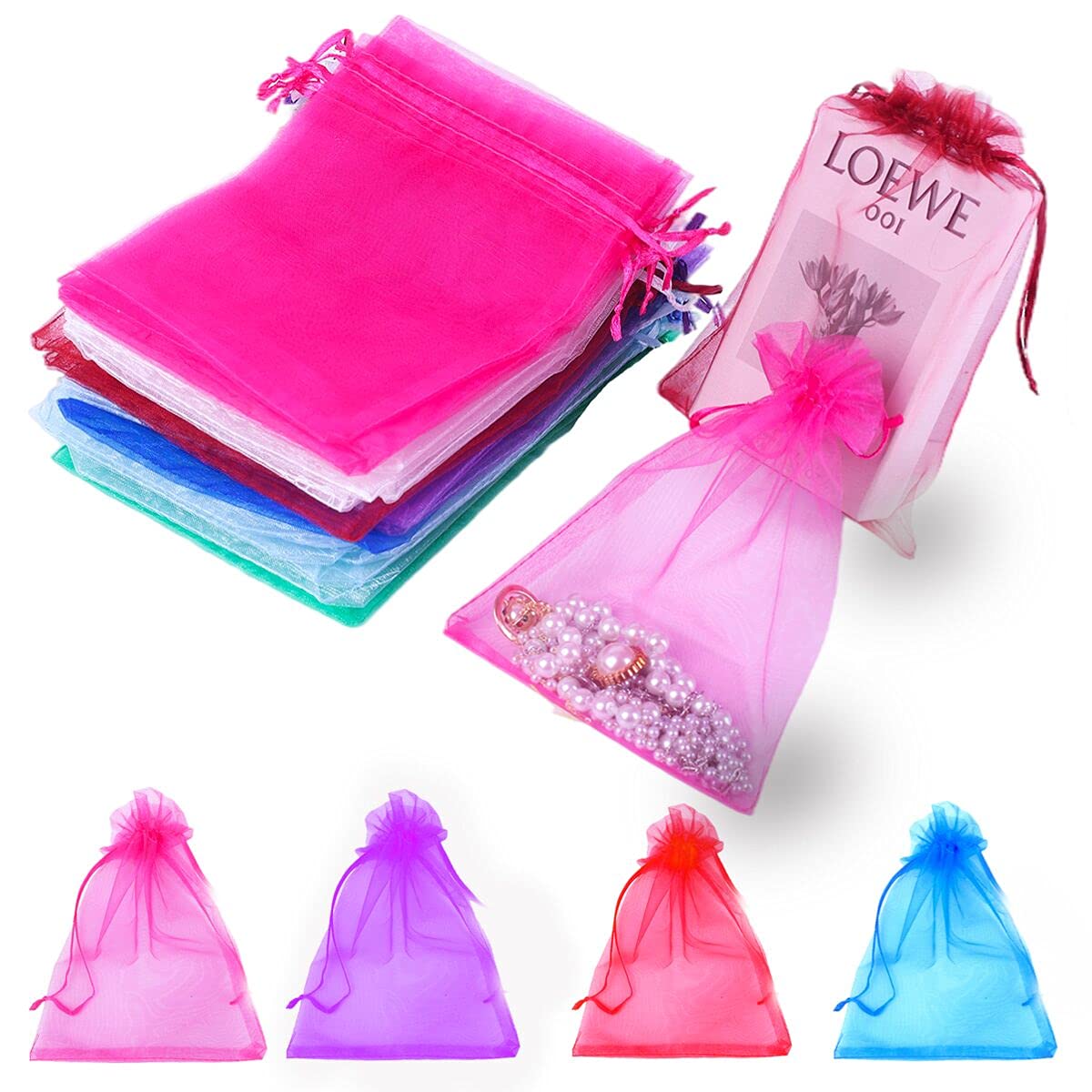 LYSXP 100 Pcs Organza Bags 5×7 Inches，Mesh Organza Jewelry Bags Drawstring, Small Drawstring Favor Pouches Christmas Candy Wedding Birthday Party Bags for Gift (Mixed Color,5"×7"……