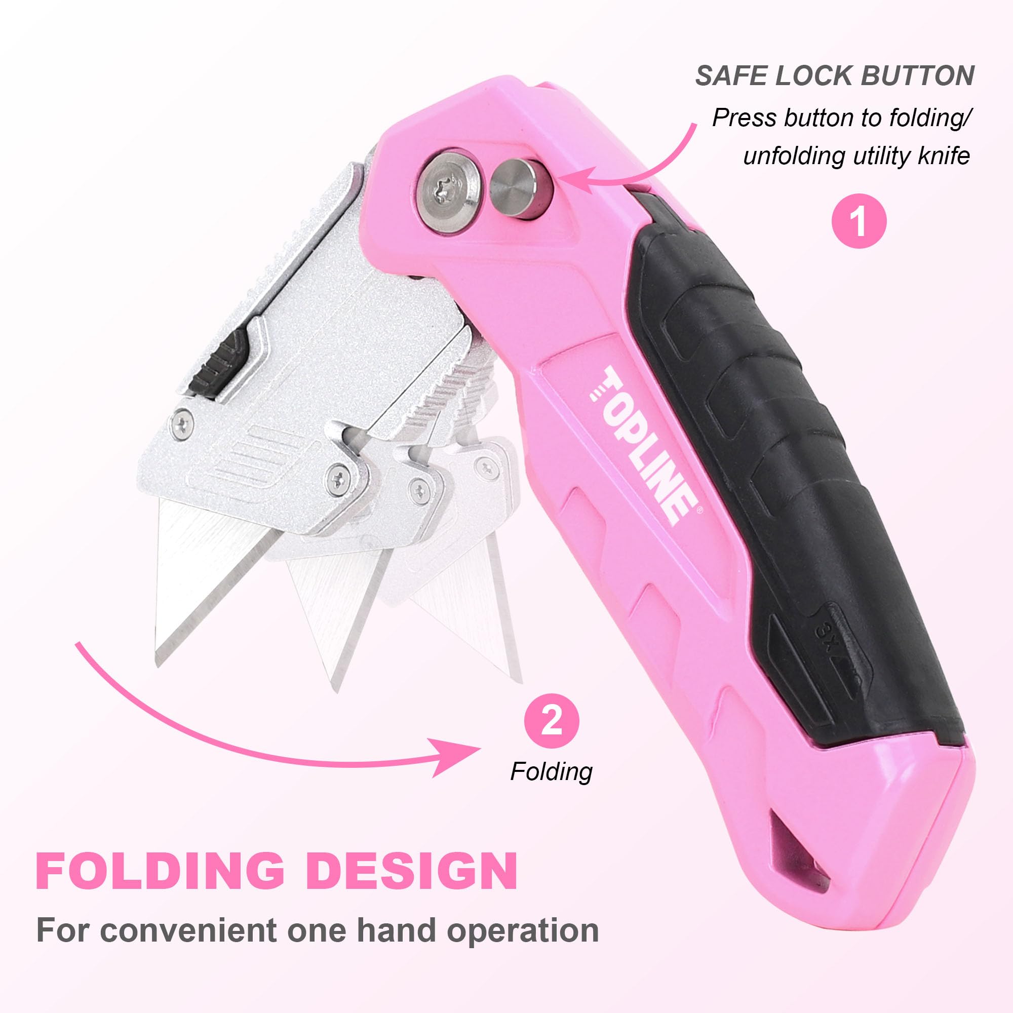 TOPLINE Folding Pink Utility Knife, Pocket Folding Pink Box Cutter, Blade Storage Design, 18-Piece SK5 Blades and a Dispenser Included (1 PACK(PINK))