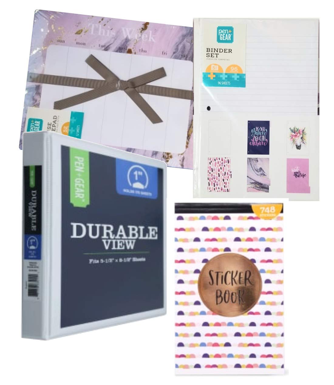 Mini Binder, Binder Sheets, Weekly Desk Pad Calendar, Sticker Book 4 Piece Bundle