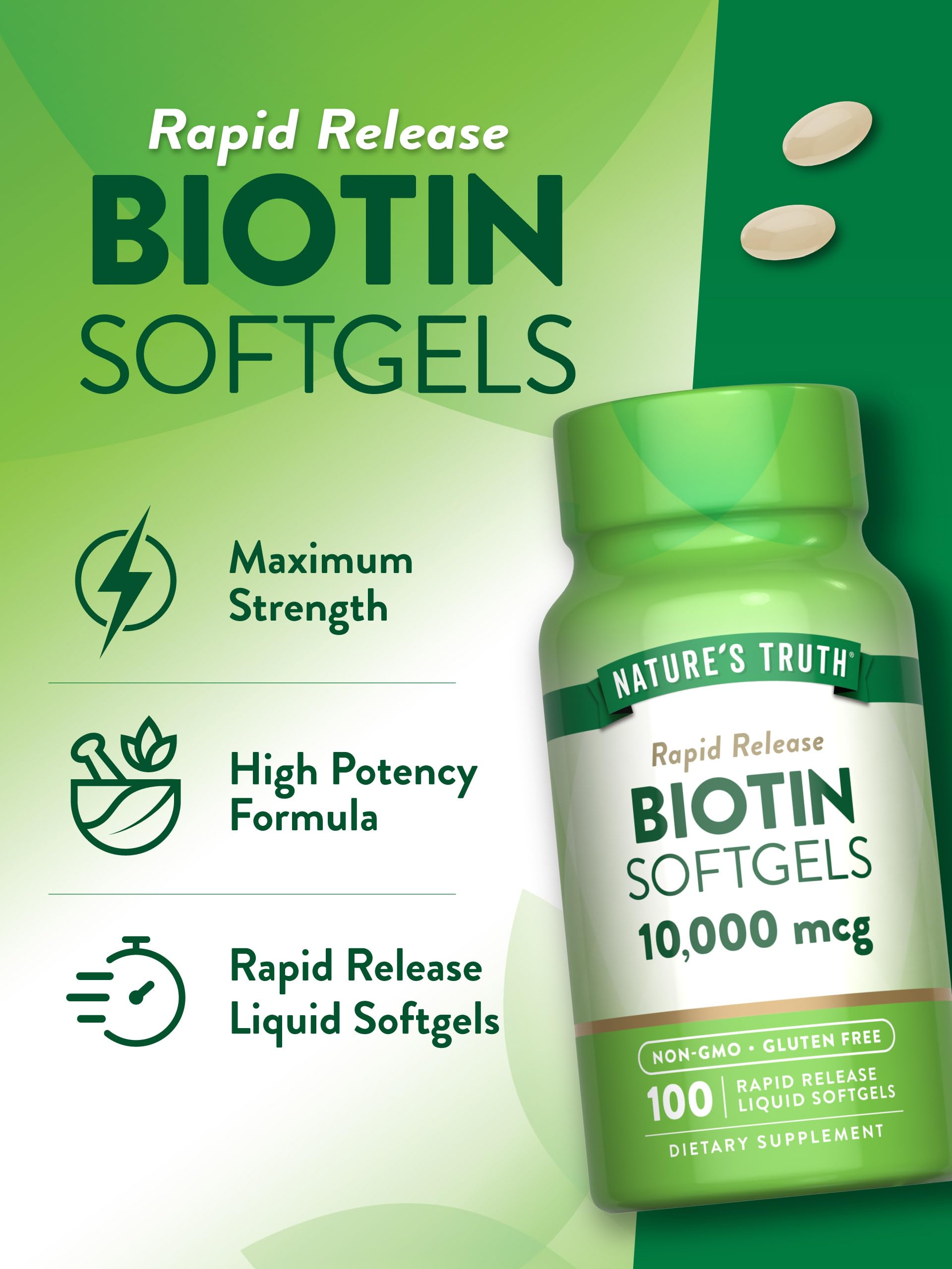 Nature's Truth Biotin 10,000mcg | 100 Softgels | Non-GMO Gluten Free Supplement