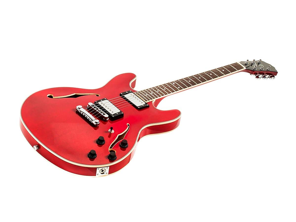Monoprice Boardwalk Semi Hollow Body Electric Guitar - Right Handed, HH Pickups, Gig Bag, Red - Indio Series