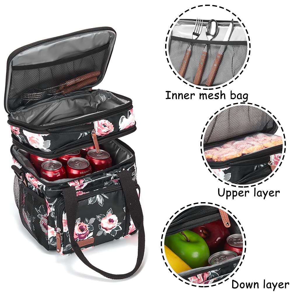 MOV COMPRA Lunch Bag Women Flower Insulated Lunch Box for Work, Expandable Large Lunch Bag, Leakproof Double Deck Lunch Box Cooler Bag with Removable Shoulder Strap(Flower)