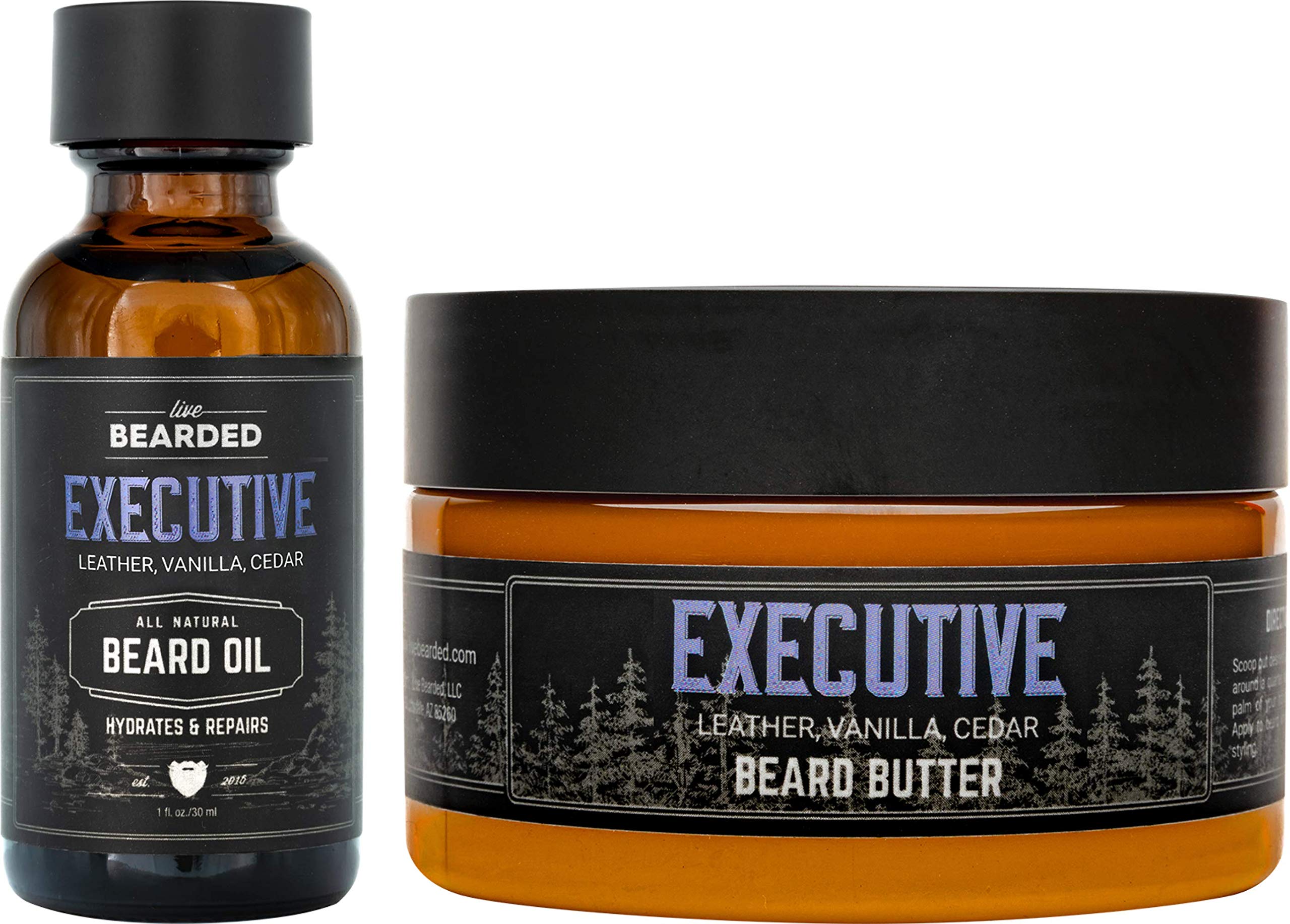 Live Bearded: Beard Oil and Beard Butter Grooming Kit - Executive - All-Natural Ingredients with Shea Butter, Argan Oil, Jojoba Oil and More - Beard Growth Support - Made in the USA