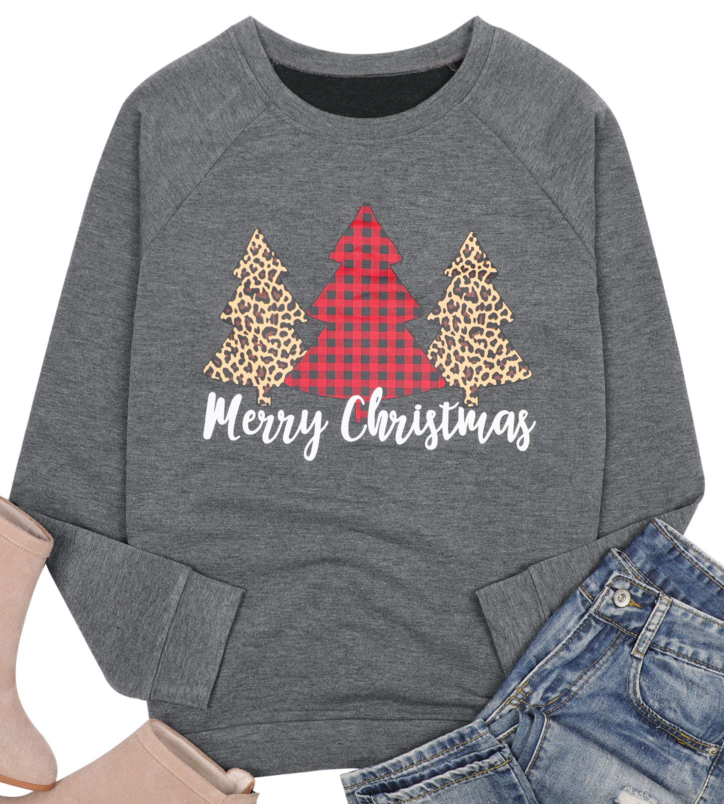 LUKYCILD Christmas Trees Sweatshirt Women Plaid Leopard Graphic Long Sleeve Pulllover Tops