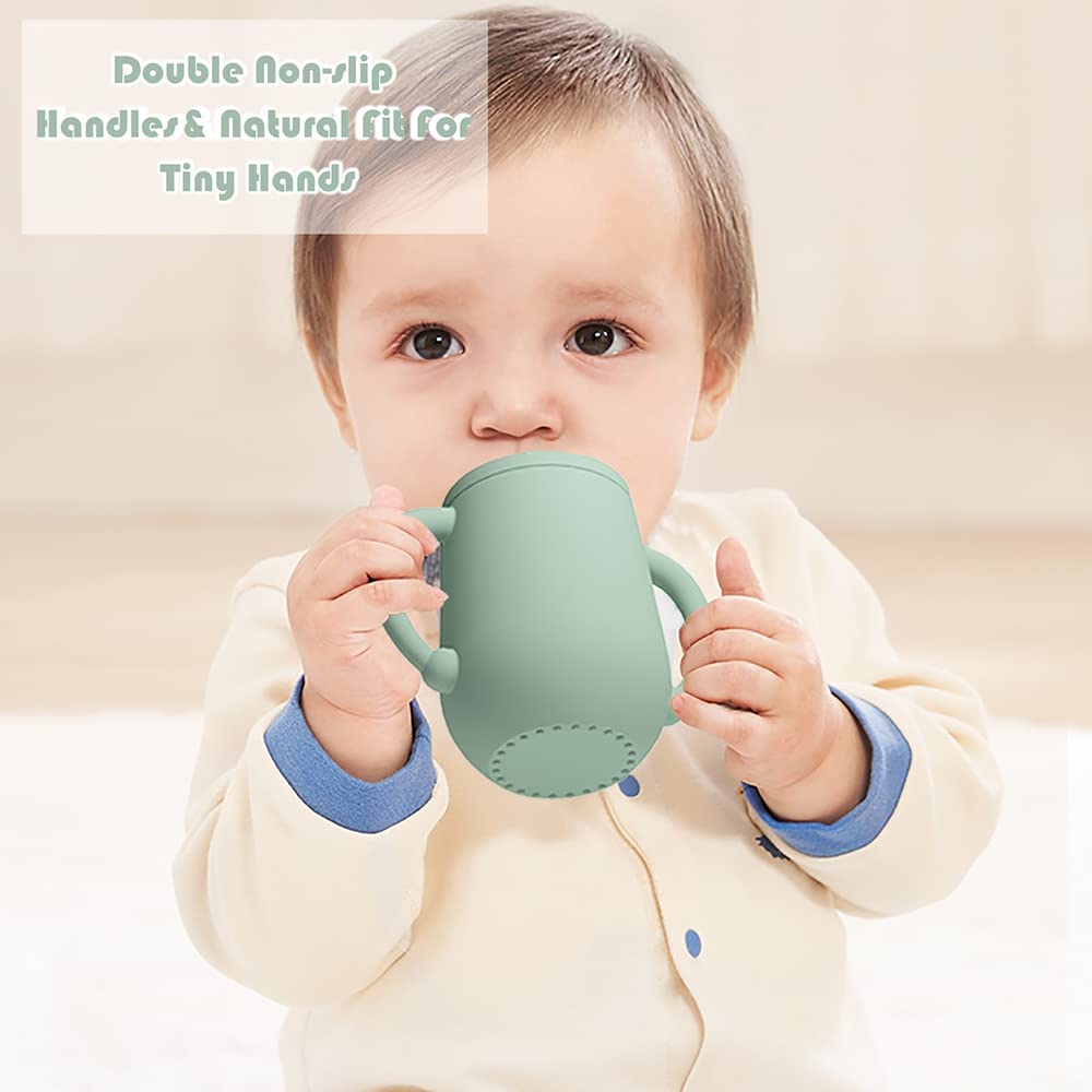 Uyokcnie Toddler Cup, Silicone Training Cup Sippy Cup with Straw, Spill Proof and Non-Slip Handles, NO BPA, Unbreakable, Trainer Cup for Babies Toddlers and Infants, 2 Count, 4 oz, Sage Green, Blush