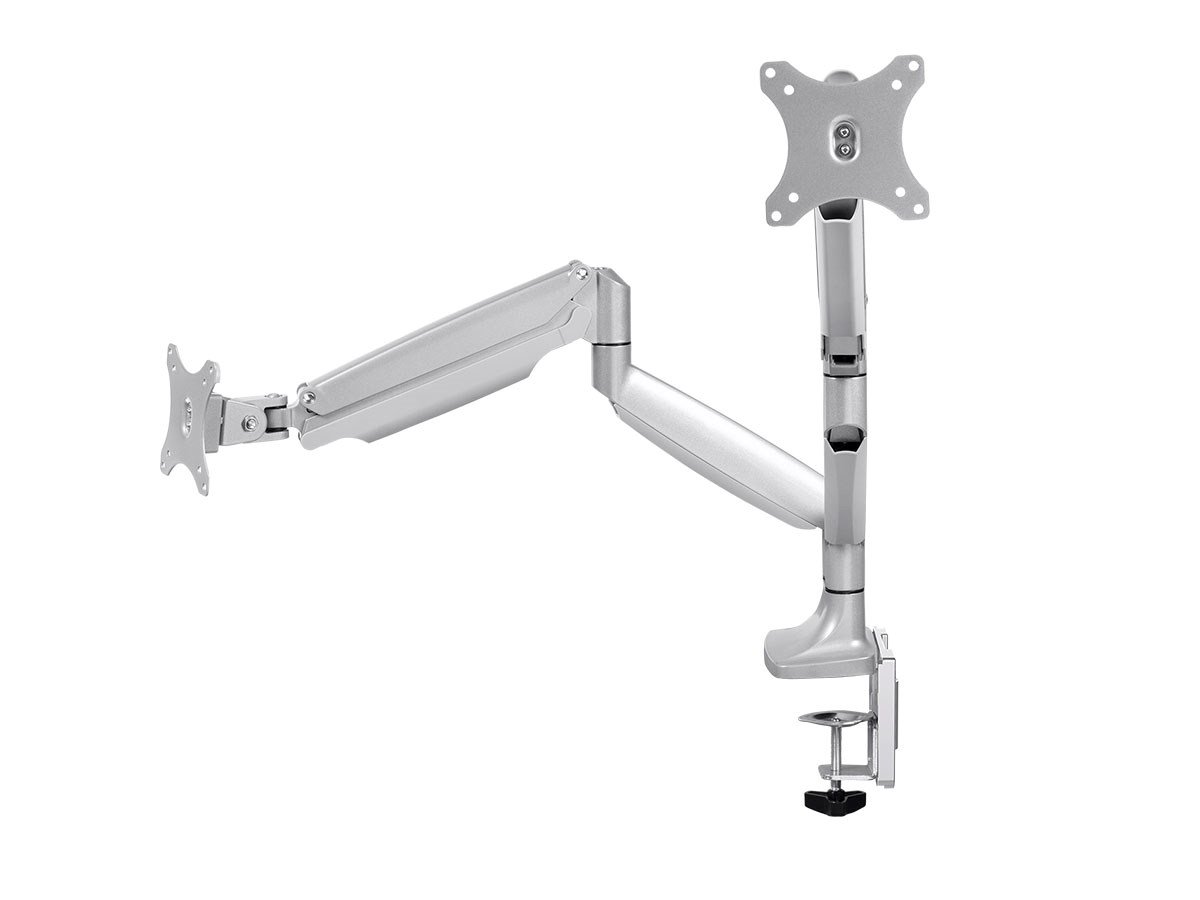 Monoprice Dual Arm Adjustable Gas Spring Desk Mount - For 15 to 34 Inch Monitors, Vessa 100x100, weight 19.8lbs, Silver - Workstream Collection