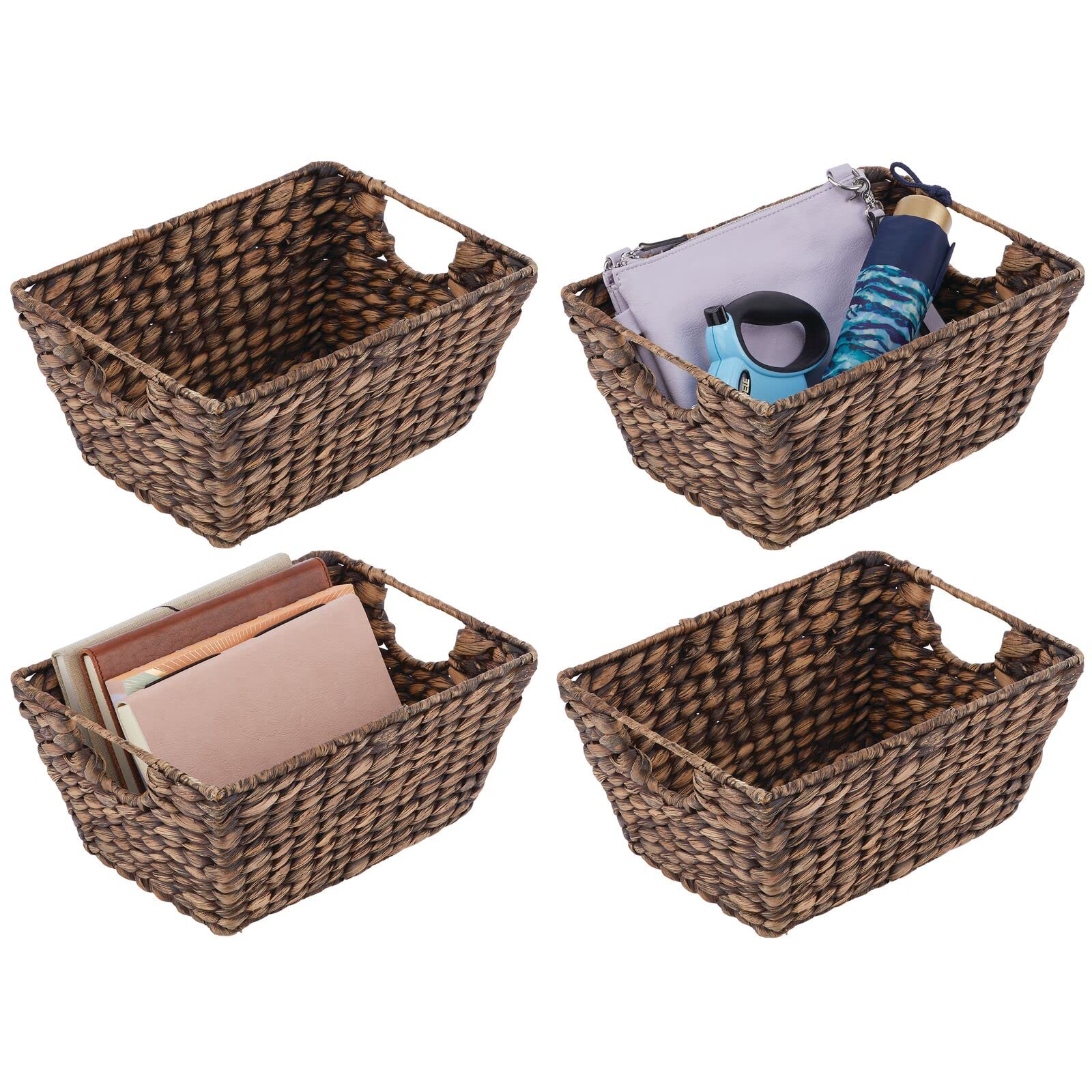 mDesign Set of 4 Wicker Storage Baskets with Handles – Storage Baskets for the Bedroom, Living Room, Bathroom or Hallway – Wicker Baskets for Household Items – Black